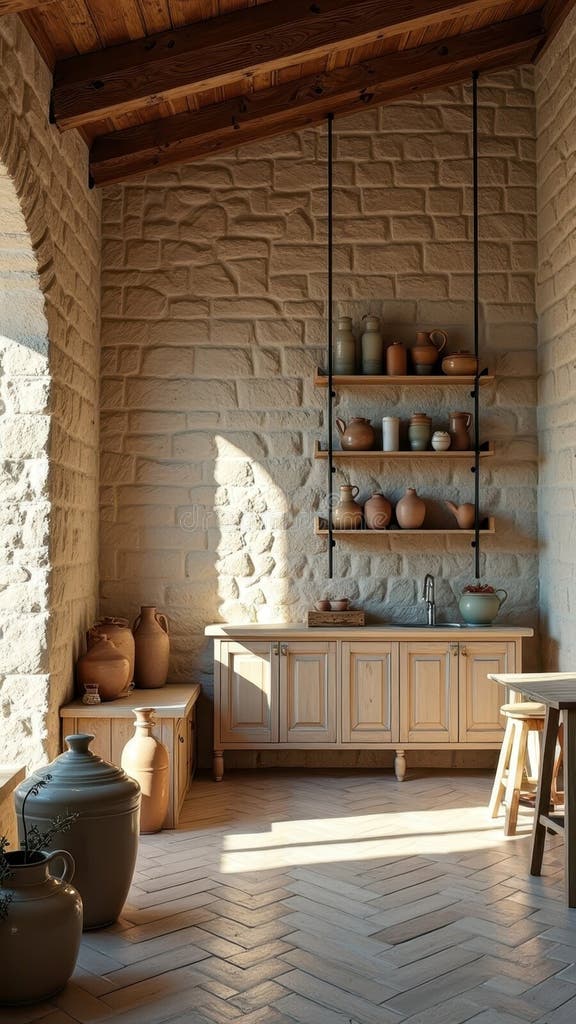 Rustic Stone Kitchen with Ceramic Decor and Natural Wood Accents Stock ...