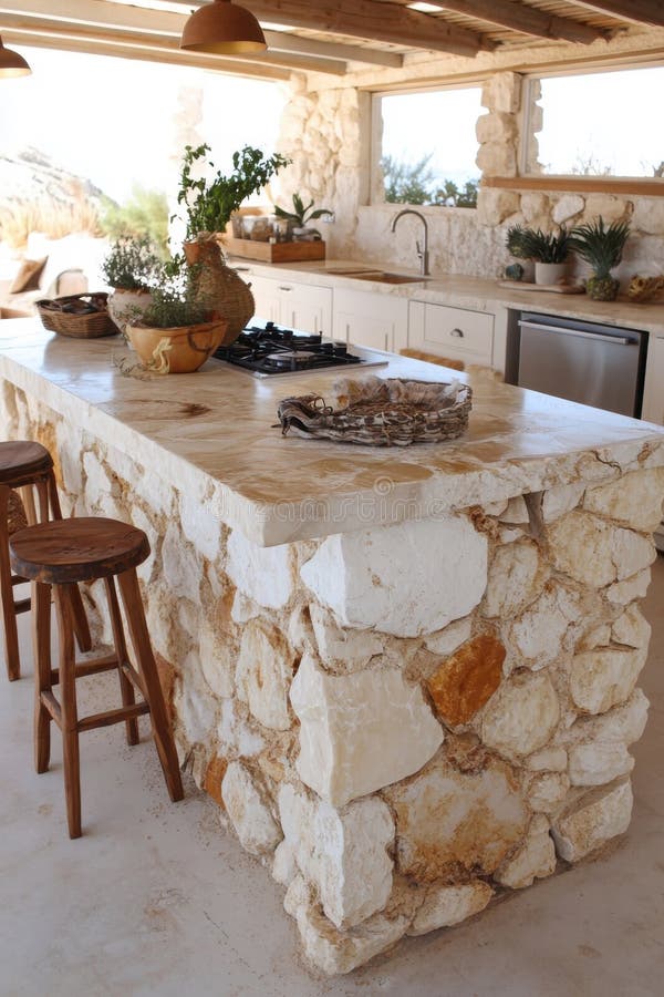 Rustic Stone Kitchen Island with Wooden Stools in Bright, Airy ...