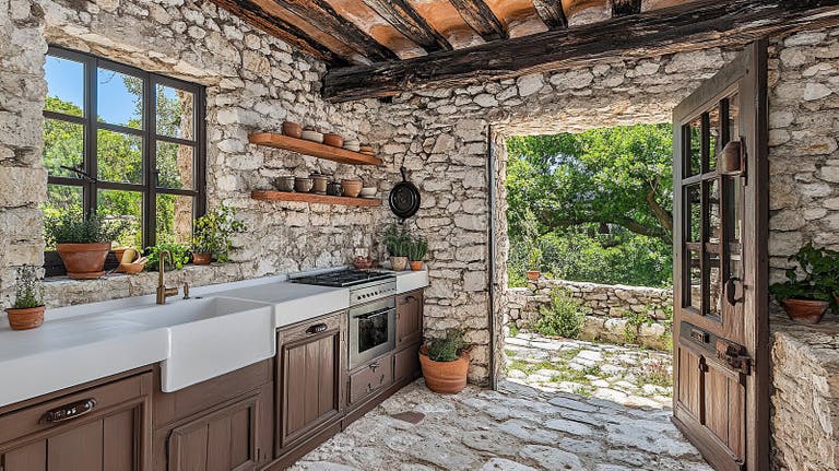 Rustic Stone Kitchen with Outdoor Access. Open-plan, Natural Materials ...
