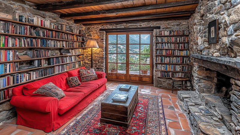 Rustic Stone Library Room with Red Sofa, Bookshelves, Fireplace, and ...