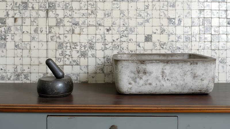 Rustic Stone Mortar and Concrete Vessel on Royalty Free Image Stock ...