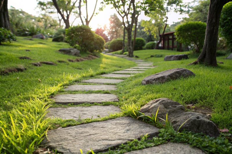 Stone Garden Path with Grass Stock Illustration - Illustration of rural ...