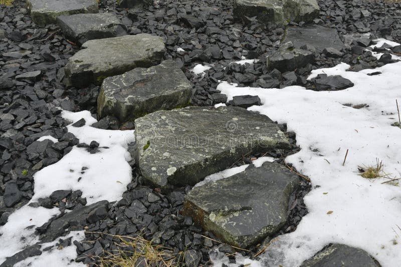 A Rustic Stone Path Winds through a Rugged Landscape, Partially Covered ...