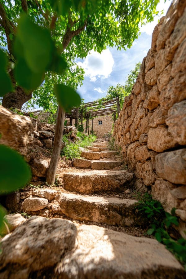 Rustic Stone Pathway Leading To Countryside Cottage with Natural ...