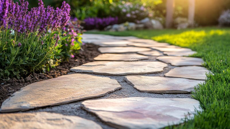 Rustic Stone Pathway Meandering through a Garden with Lush Greenery and ...