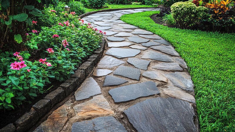 A Rustic Stone Pathway Winding through a Lush Garden with Flowers Stock ...