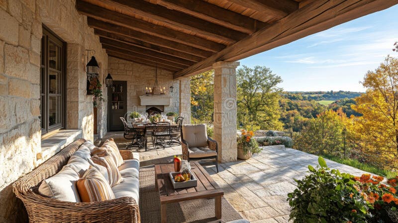 Rustic Stone Patio with Autumn Hillside View Stock Illustration ...
