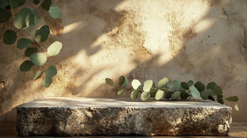 Rustic Stone Platform with Eucalyptus Leaves and Warm Sunlight Stock ...
