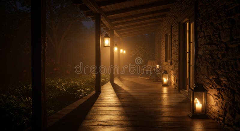 Rustic Stone Porch at Night with Warm Lantern Light Stock Illustration ...