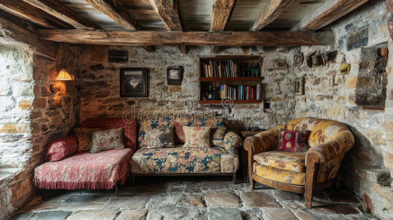 Rustic Stone Room with Floral Couches and Bookcase Stock Illustration ...