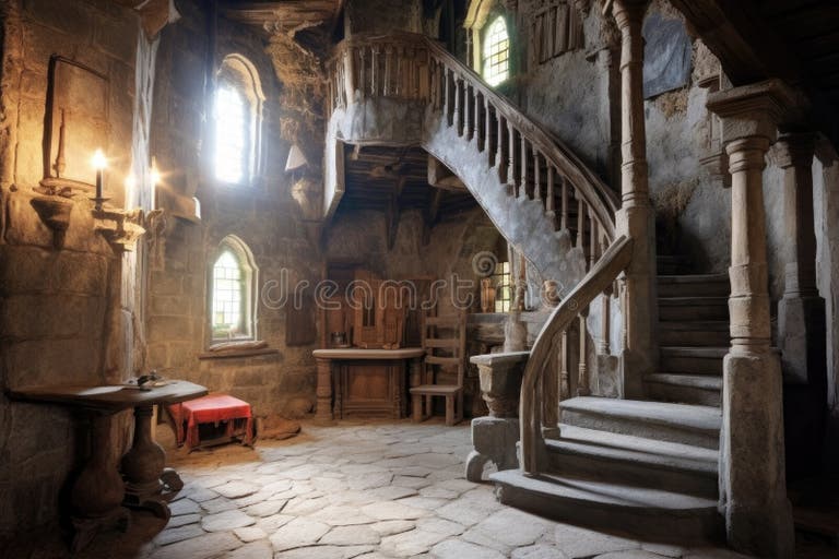 Rustic Stone Spiral Staircase in a Medieval Castle Stock Illustration ...