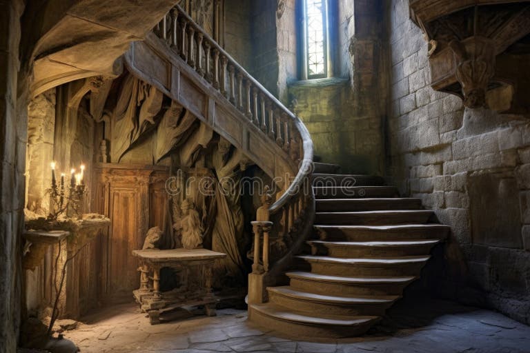 Rustic Stone Spiral Staircase in a Medieval Castle Stock Illustration ...