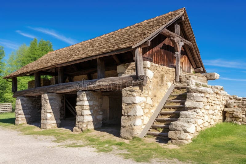 Rustic Stone Stable Against a Backdrop of Blue Skies Stock Photo ...