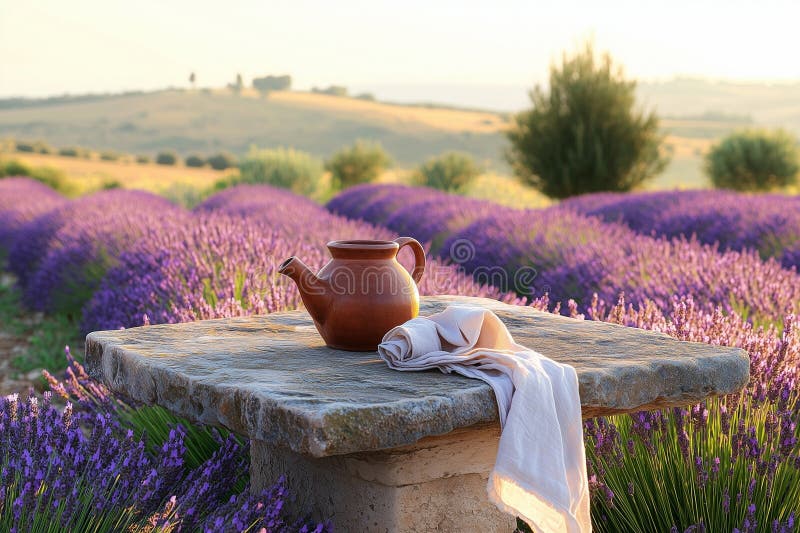 Rustic Stone Table with Clay Jug in Blooming Lavender Field at Golden ...