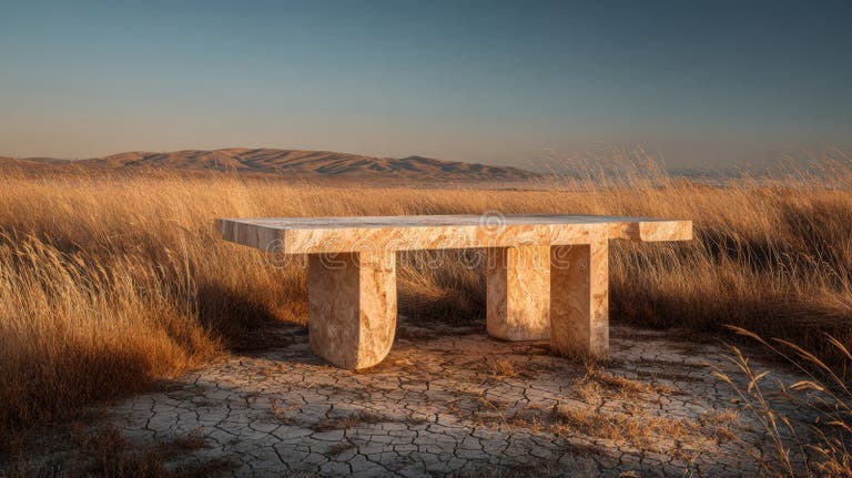 Rustic Stone Table in Serene Desert Landscape at Sunset Stock ...