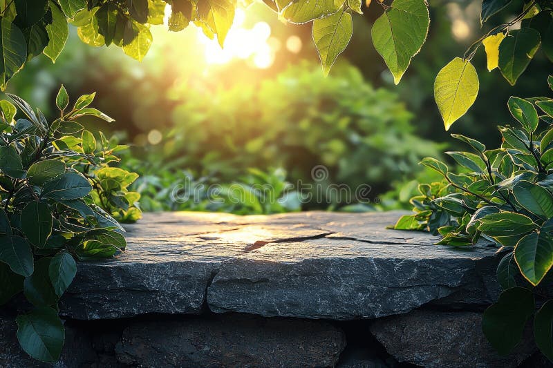 Rustic Stone Table Surrounded by Greenery Under Warm Sunlight Stock ...