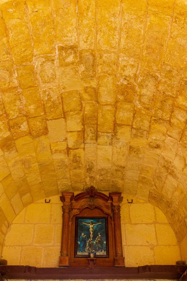Rustic Stone Vault Ceiling with a Religious Painting Centered Stock ...