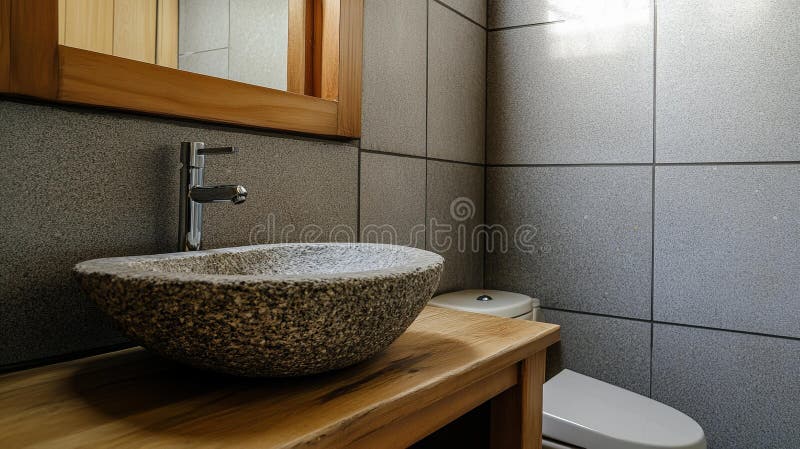 Rustic Stone Vessel Sink Bathroom, Minimalist Design Stock Illustration ...