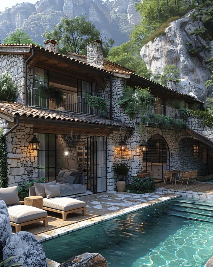Rustic Stone Villa with Pool and Lush Mountain Backdrop Stock Image ...