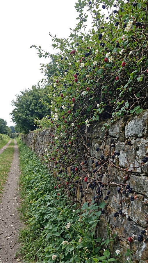 Rustic Stone Wall with Blackberry Brambles and Blooms Stock ...