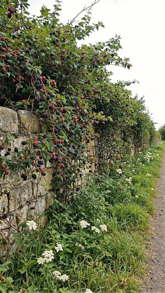 Rustic Stone Wall with Blackberry Brambles and Blooms Stock ...
