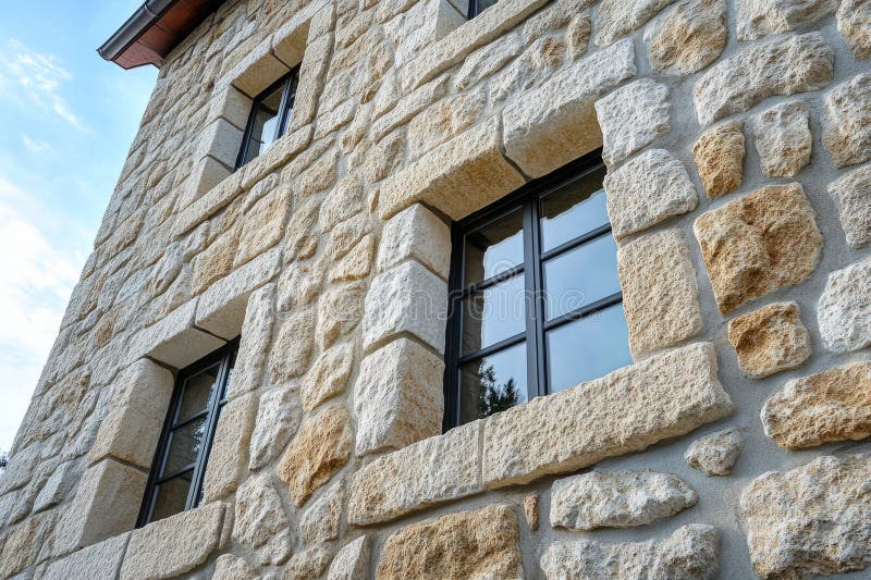 Rustic Stone Wall Featuring Modern Windows, Creating a Blend of ...