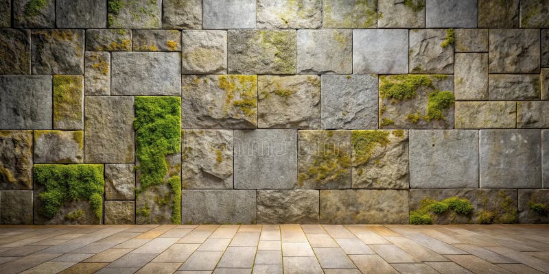 Rustic Stone Wall with Patches of Vibrant Green Moss and a Smooth Stone ...
