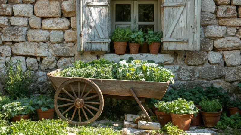 Rustic Stone Wall with Plants in Wheelbarrow and Windowsill on Sunny ...
