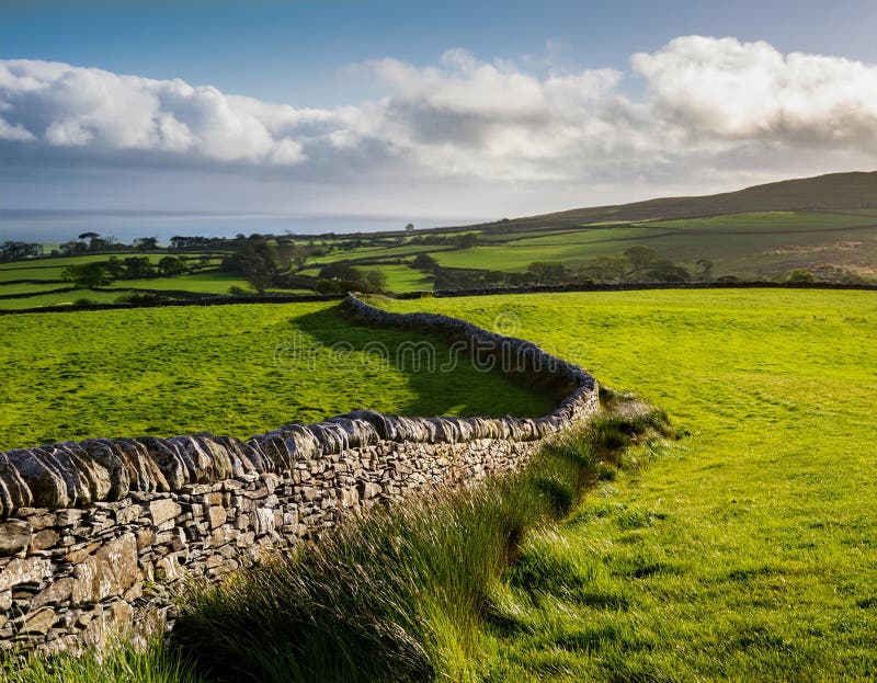A Rustic Stone Wall Typical in Irish Rural Landscapes, Curving through ...