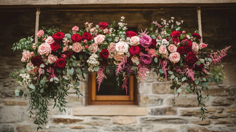 Rustic Stone Wall with Vibrant Hanging Rose Arrangement Stock Image ...