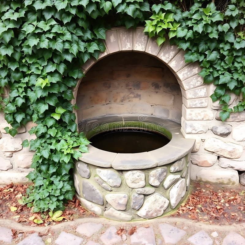 A Rustic Stone Well Surrounded by Overgrown Ivy Stock Illustration ...