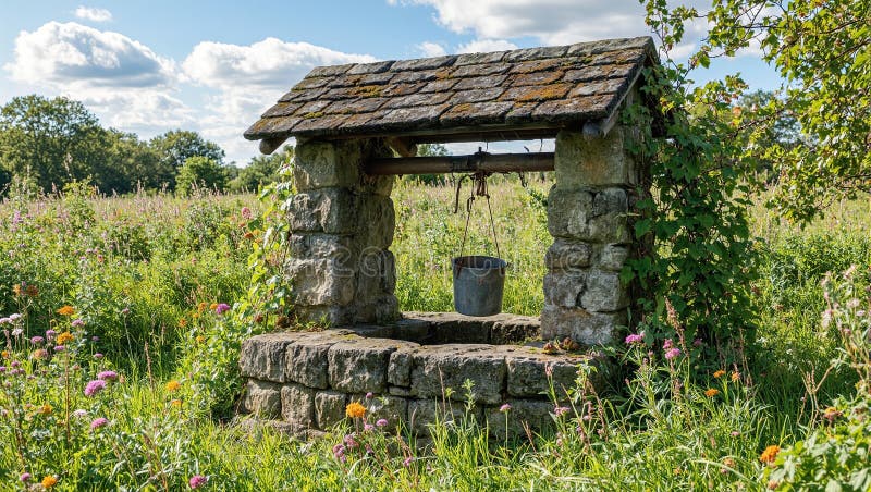 Rustic Stone Well with Wildflowers and Rusty Bucket Under Bright Sky ...