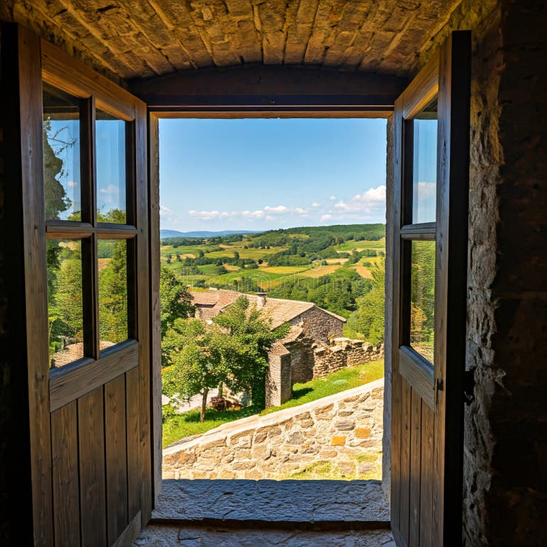 Rustic Stone Window Frames a Lush Green Landscape Under a Clear Blue ...