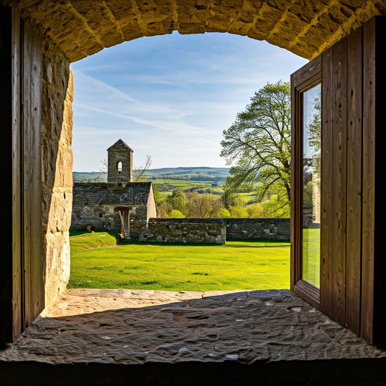 A Rustic Stone Window Frames a Serene Landscape with a Bell Tower Stock ...