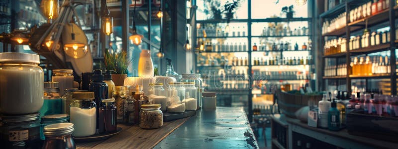 Rustic Store Interior with Jars and Bottles on a Wooden Counter Stock ...