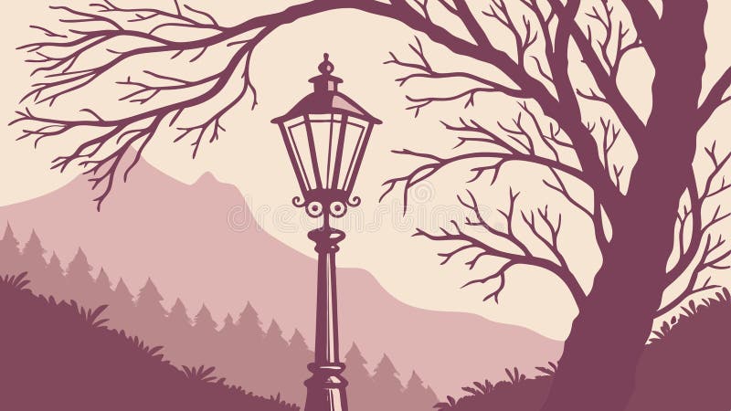 Rustic Street Lamp in a Forest, Enchanted Evening Light, Vector Design ...