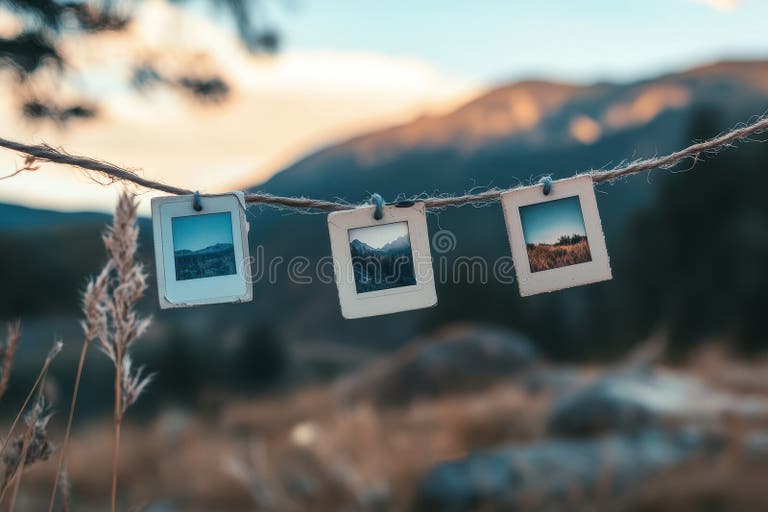 A Rustic String with Four Polaroids, Four Polaroid Photos Hang from a ...