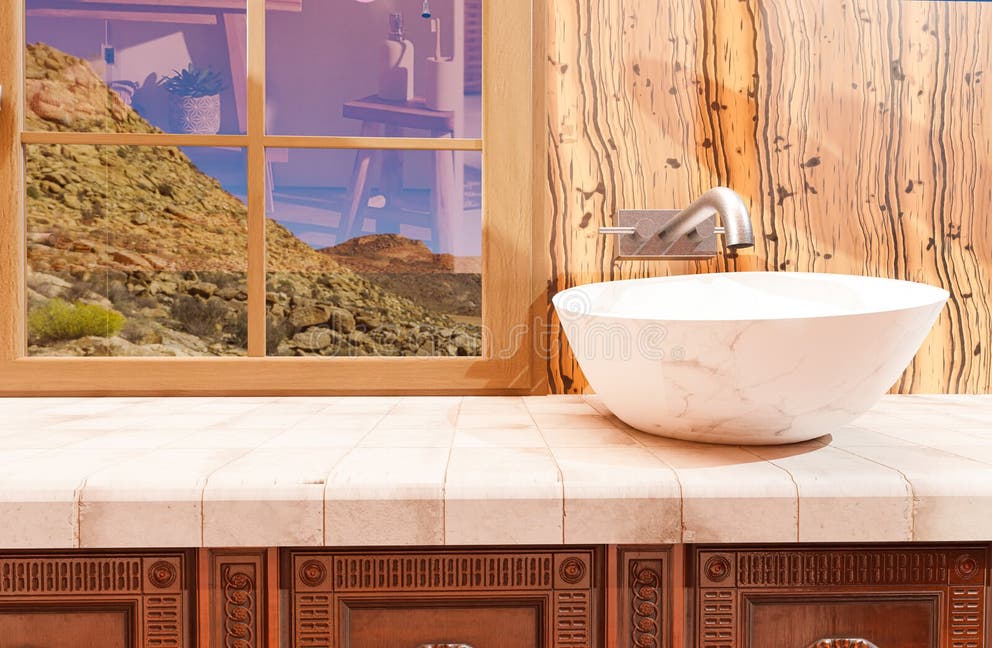 Rustic Style Bathroom Interior with Desert View. Design and Interior ...