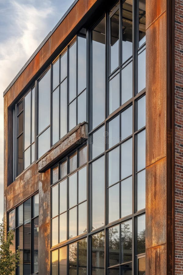 Rustic Brick and Metal Building Exterior with Large Windows at Sunset ...