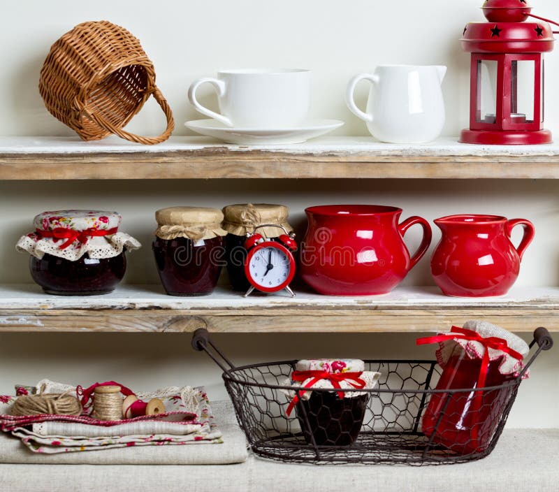 A Rustic Style. Ceramic Tableware and Kitchenware in Red on the Stock ...