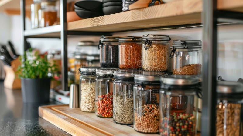 Rustic Style Countertop Spice Rack in Farmhouse Kitchen Stock ...