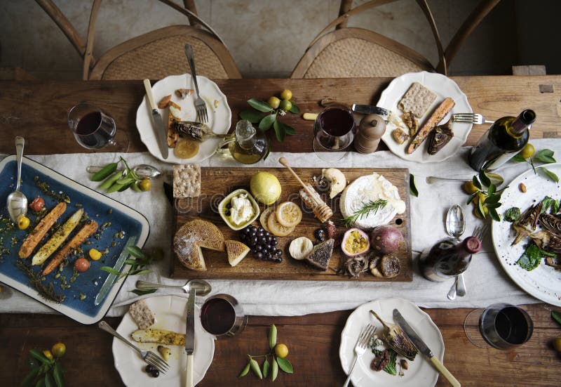 Rustic Style Dinner with Cheese Platter Stock Image - Image of gourmet ...