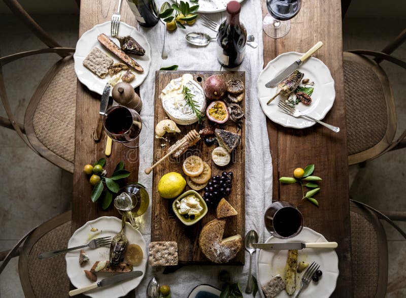 Rustic Style Dinner with Cheese Platter Stock Image - Image of brie ...