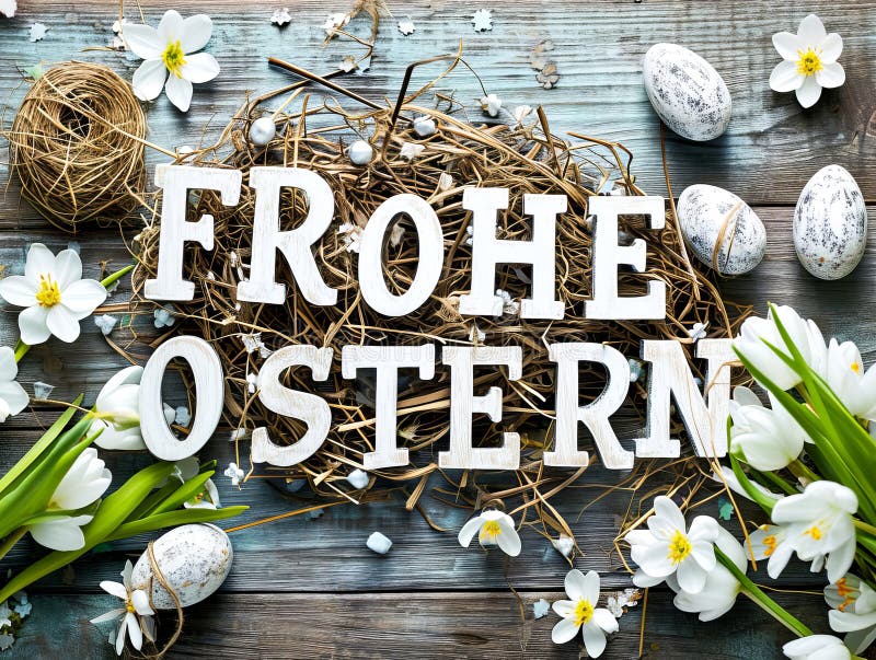 Rustic Style Easter Decoration with Eggs and Flowers. German Text ...