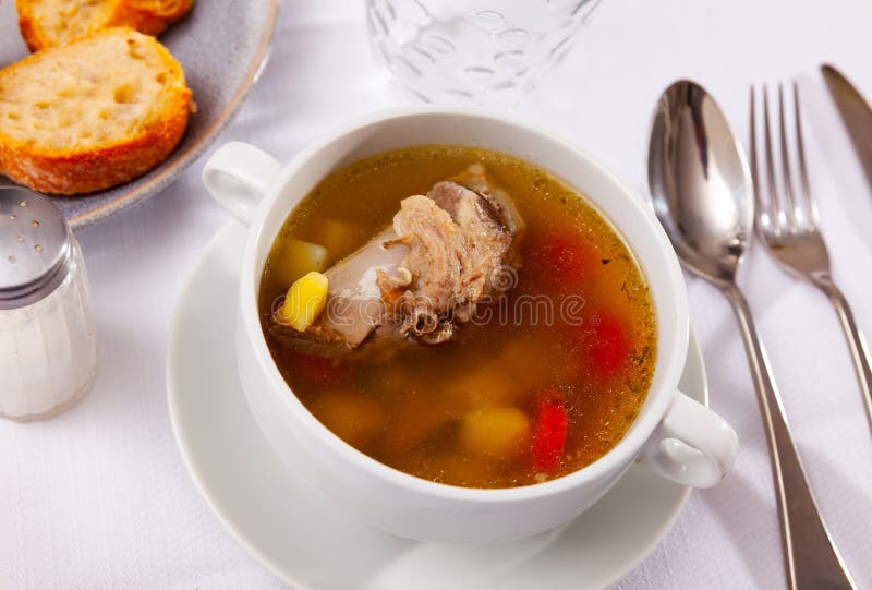 Rustic Style Soup in Meat Stock with Pork and Vegetables Stock Image ...