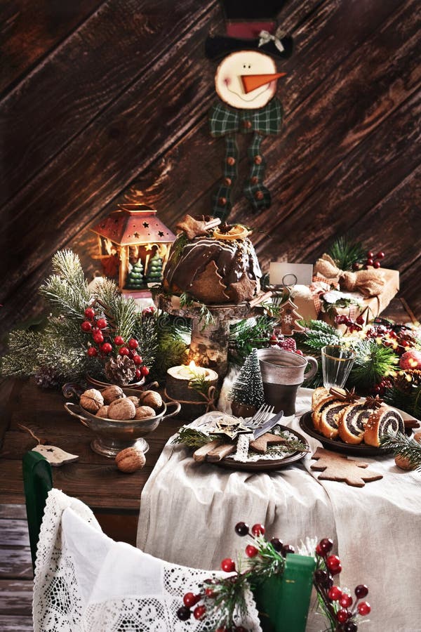 Rustic Style Table with Christmas Cakes and Decors Stock Image - Image ...