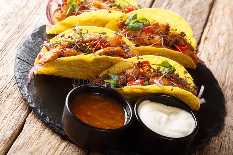 Rustic Style Tacos with Chicken, Microgreen and Vegetables Served with ...