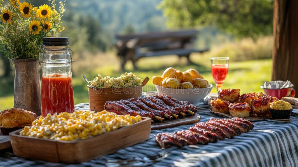 Rustic Summer Barbecue Feast in a Sunny Countryside Setting Stock ...