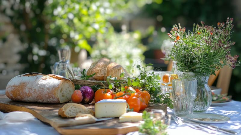 Rustic Summer Table Setting with Bread and Cheese a Charming Outdoor ...