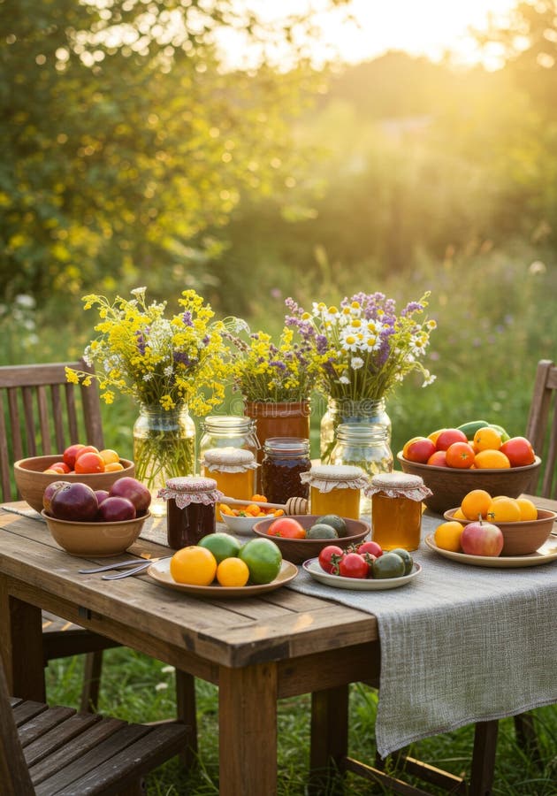Rustic Summer Table Setting with Preserved Fruits and Honey Jars Stock ...